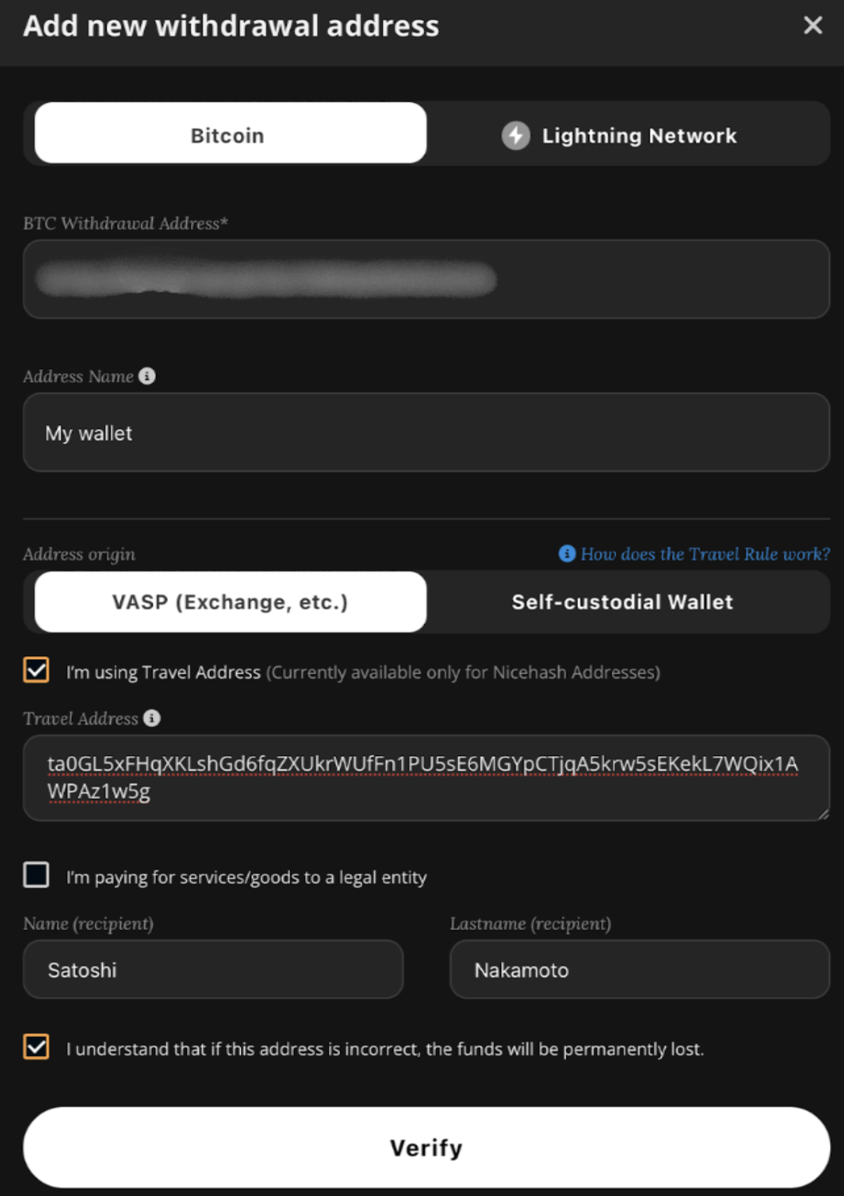 How to verify a wallet with a Travel Address? | NiceHash