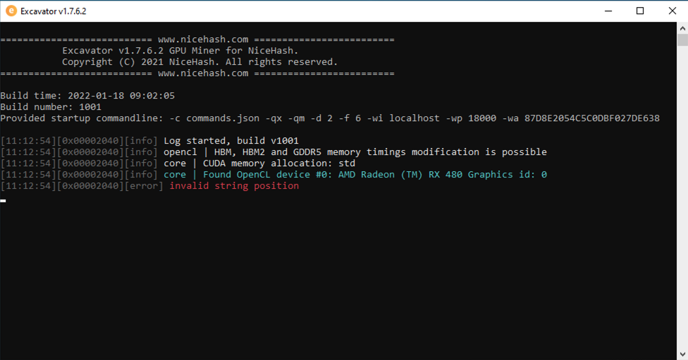 Excavator Invalid String Position Error NiceHash
